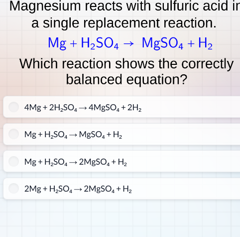 Magnesium reacts with sulfuric acid a single | Solvely