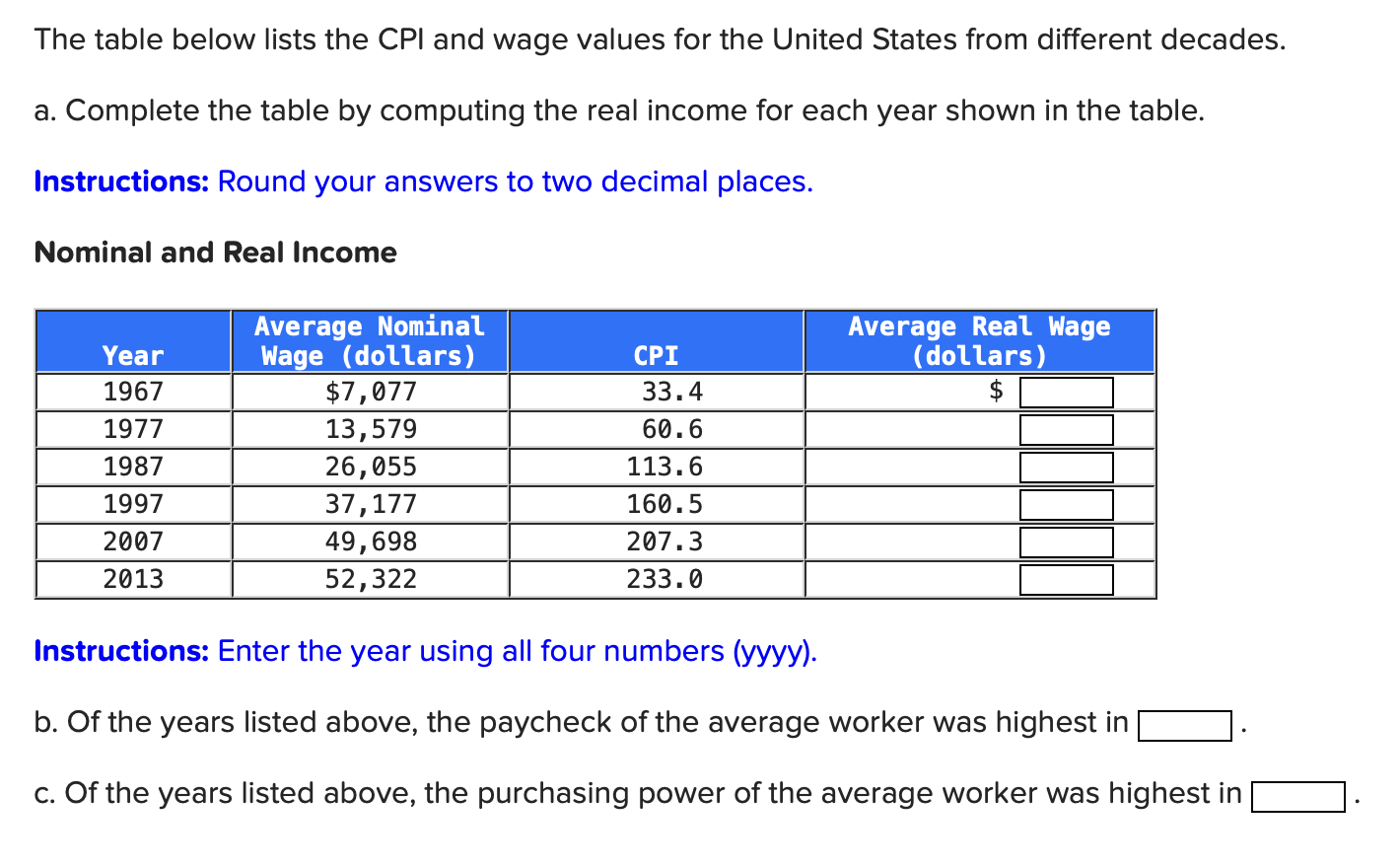 The table below lists the CPI and wage values for | Solvely