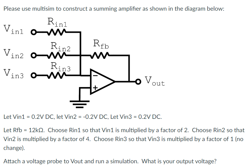 Please use multisim to construct a summing am | Solvely
