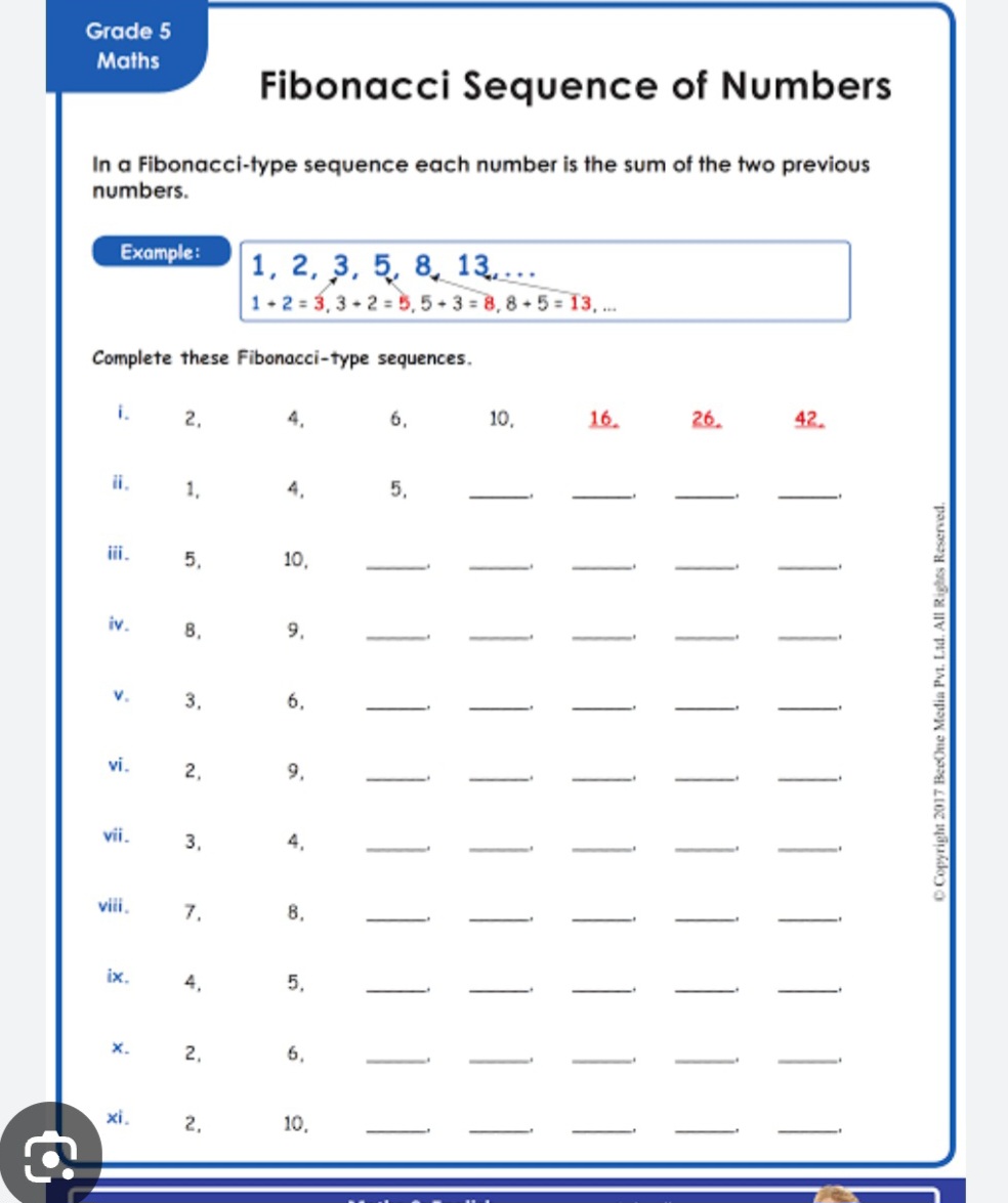 Grade 5 Maths Fibonacci Sequence of Numbers | Solvely