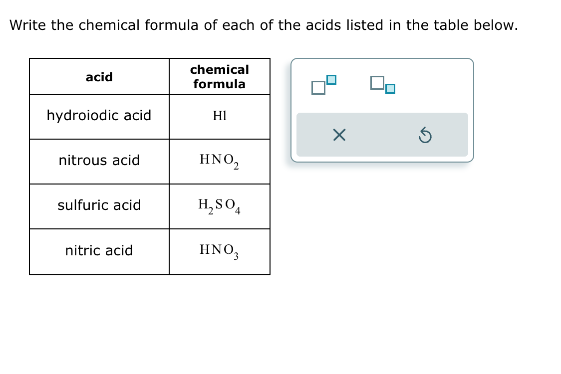 Write the chemical formula of each of the acids li | Solvely